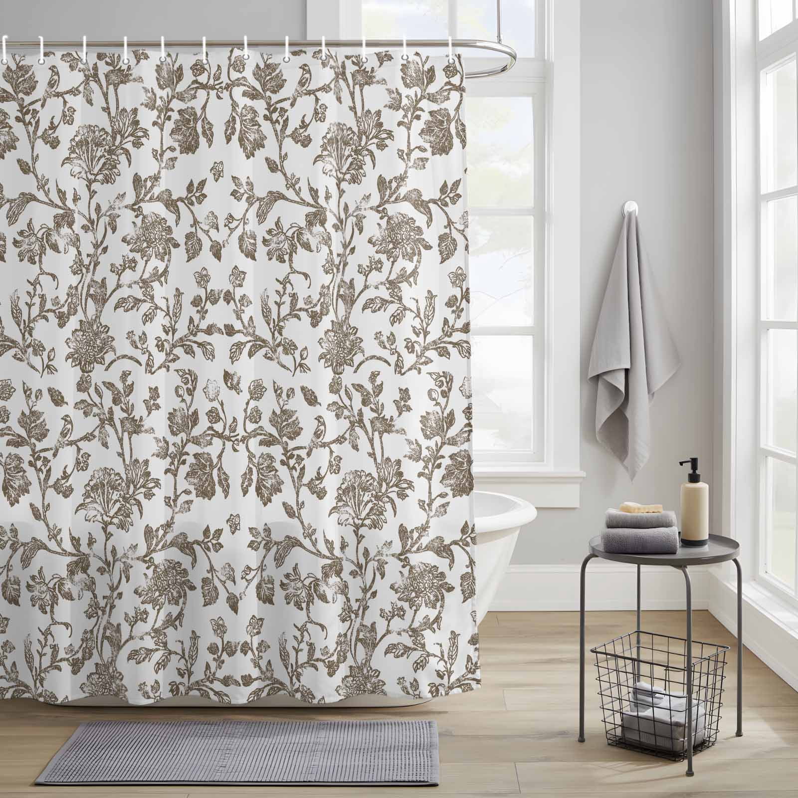Country Light Brown Flower Leaf Shower Curtain Set, Waterproof Shower ...
