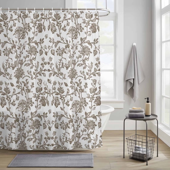 Country Light Brown Flower Leaf Shower Curtain Set, Waterproof Shower ...