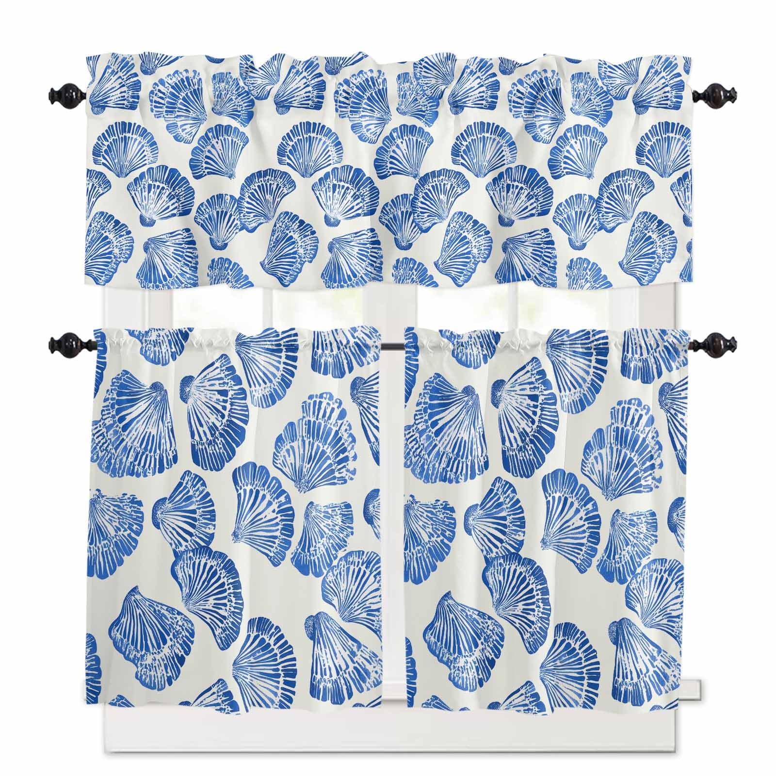 Country Marine Life Kitchen Curtains Valance and Tier Set Blue Nautilus ...