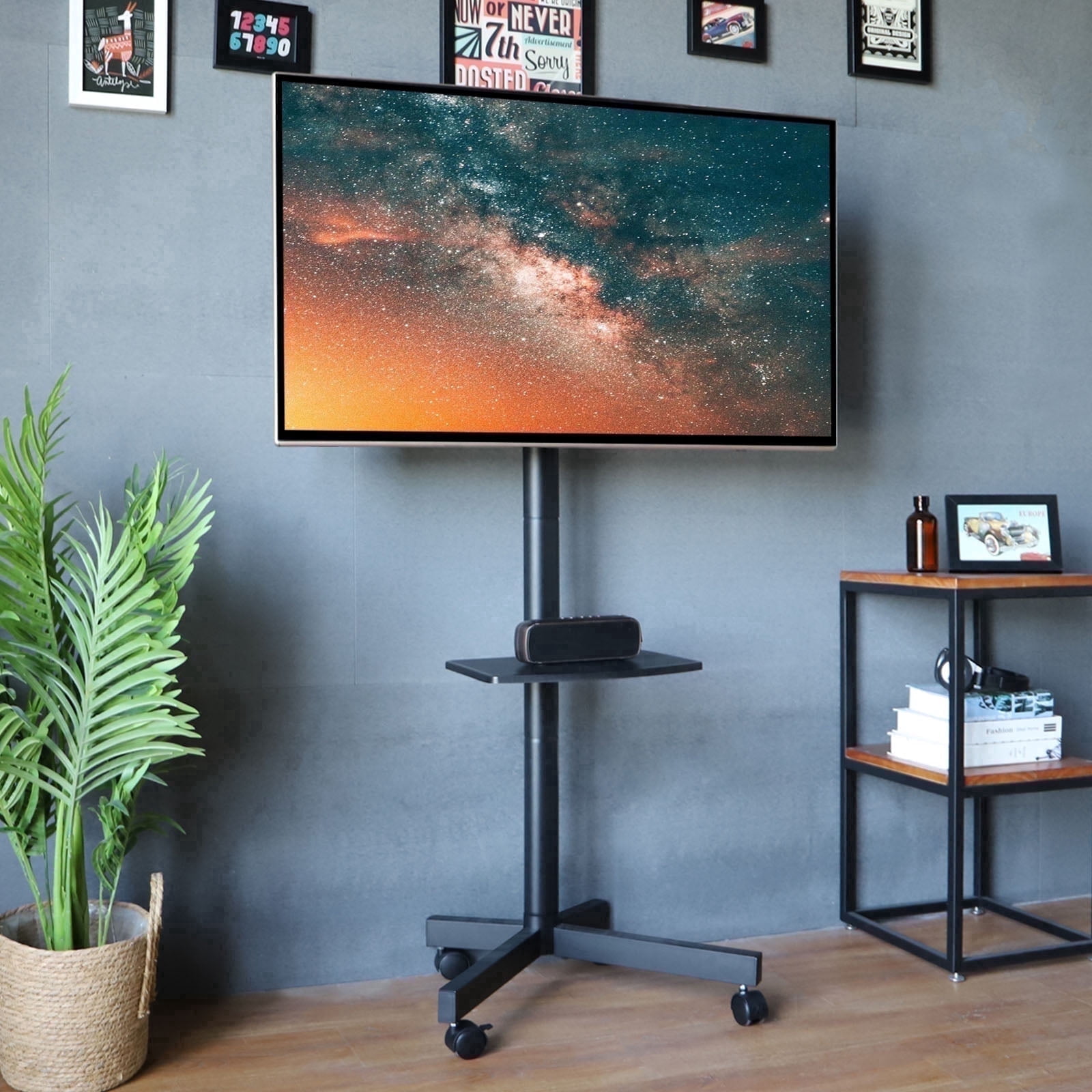 Modern Black Rolling TV Stand on Wheels: Mobile Cart with Shelf for 23 ...