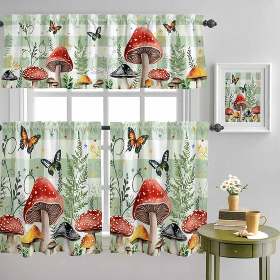 Country Mushroom Butterfly Green Leaf Curtain Tier and Valance Set 3 ...
