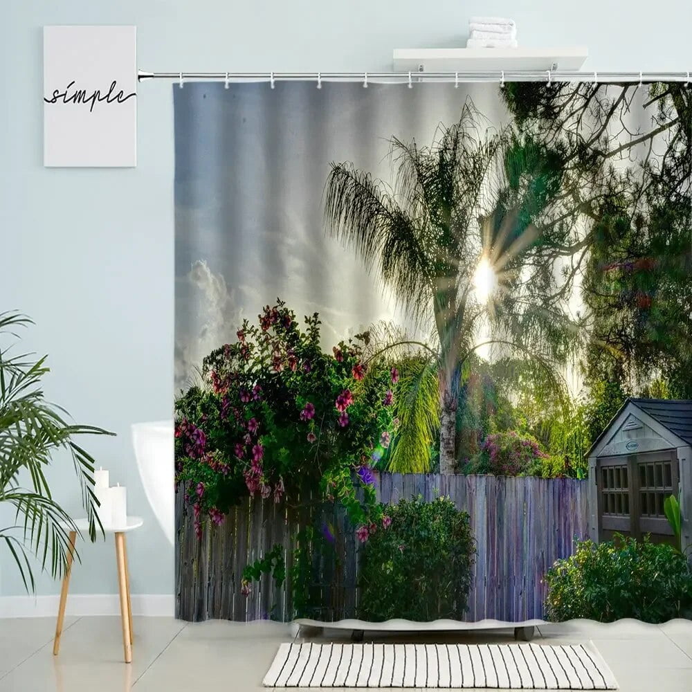 Country Natural Scenery Shower Curtain Garden Wooden House Farmhouse ...