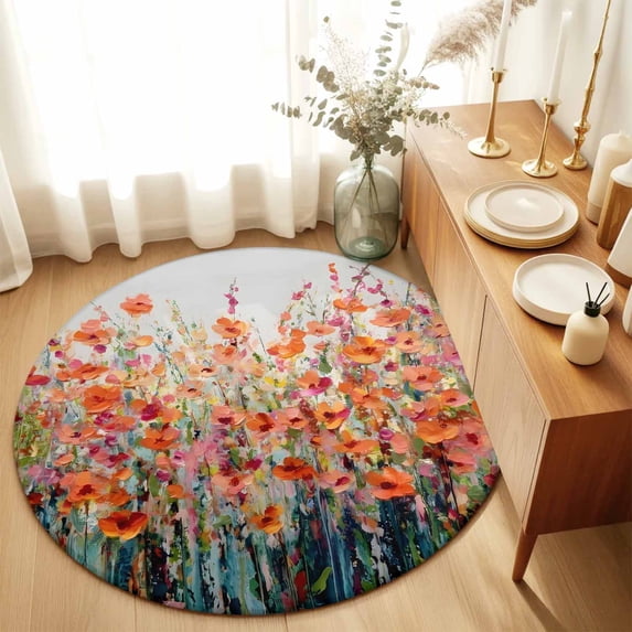 Country Orange Poppy Flower Round Area Rug 3ft,Living Room Rug Non-Slip ...