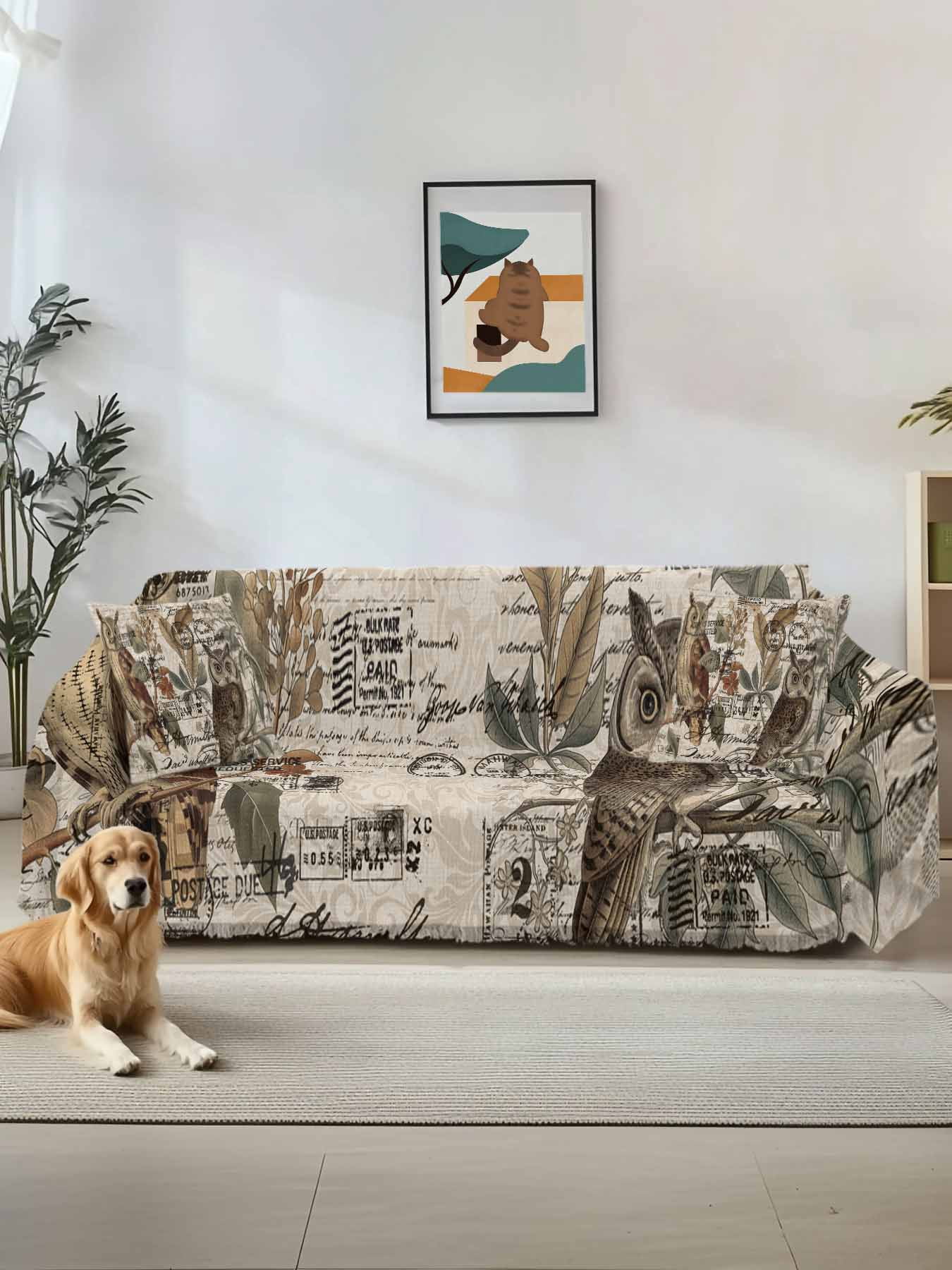Country Owl Couch Cover, Rustic Sping Floral Botanical Postmark Sofa ...