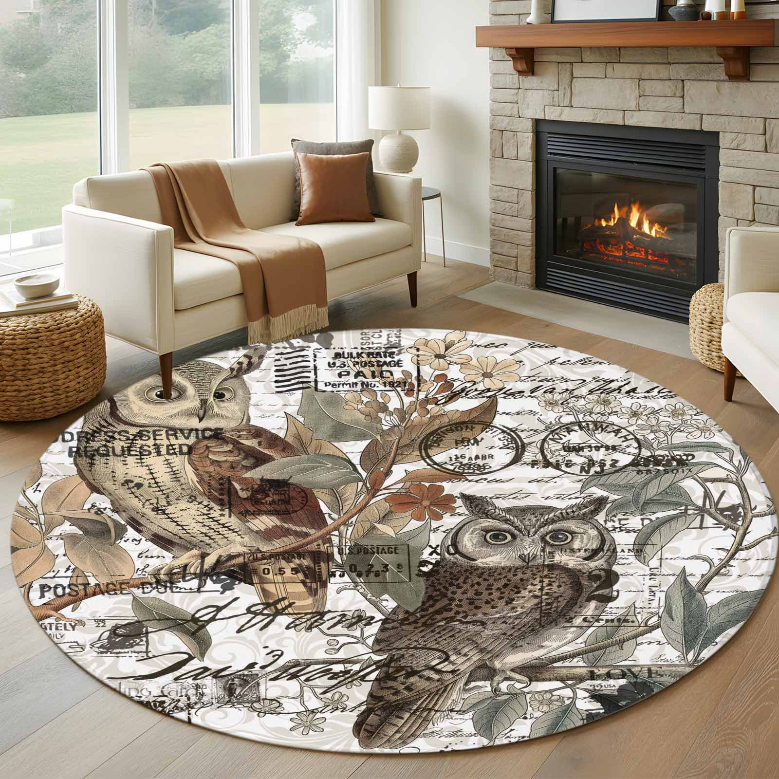 Country Owl Round Area Rug 6 FT, Non Slip Bedroom Rugs, Farmhouse Sping ...