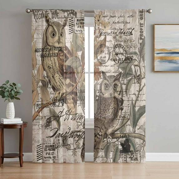 Country Owl Semi Sheer Curtains 84 Inch Length 2 Panels Set, Rustic ...