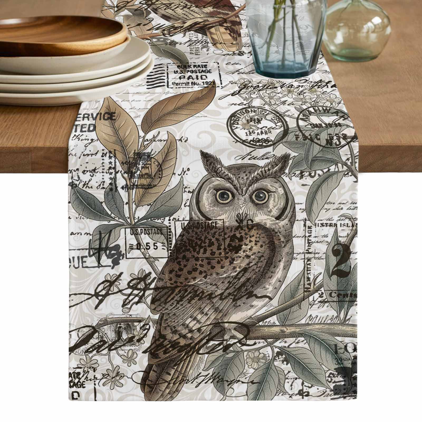 Country Owl Table Runner, Farmhouse Sping Floral Botanical Postmark ...