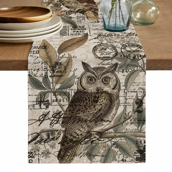 Country Owl Table Runner, Rustic Sping Floral Botanical Postmark ...
