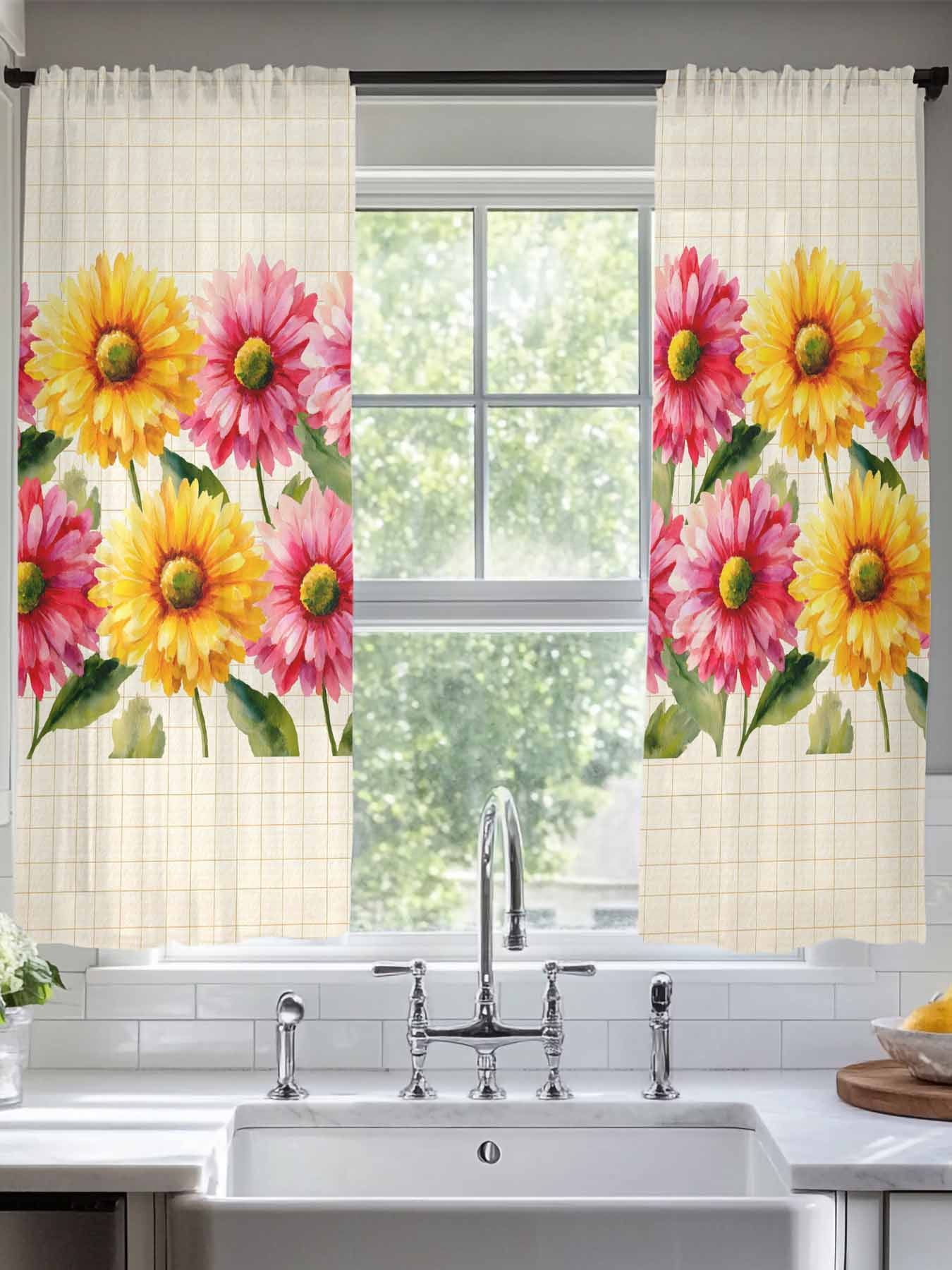 Country Pink Yellow Flowers Chiffon Sheer Curtains 72 Inches Long Check ...