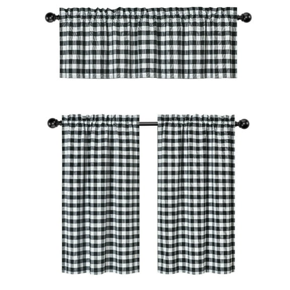 3 Piece Kitchen Curtains and Valances Set Black White Plaid Rooster ...