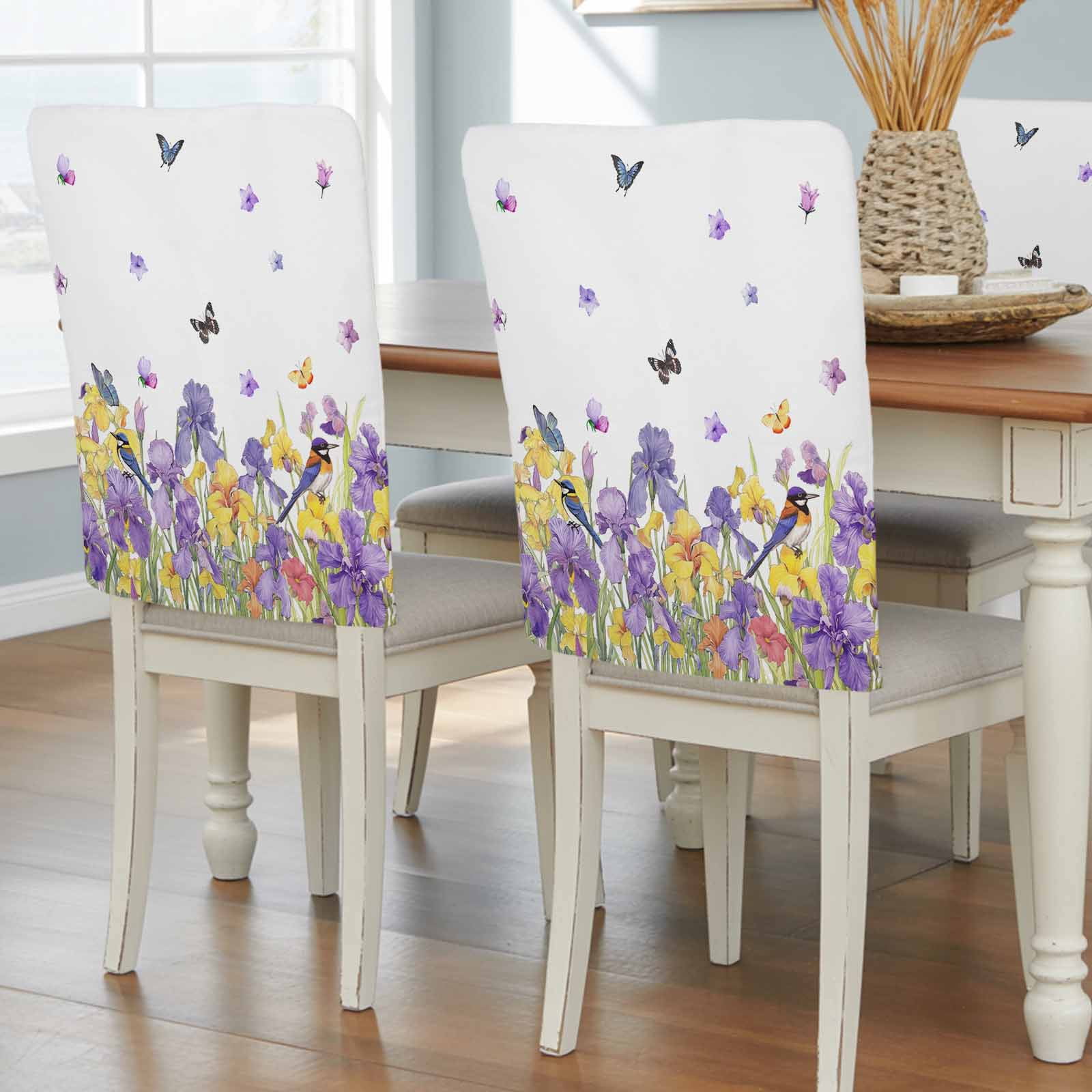 Country Purple Flower Butterfly Bird Chair Covers Set of 6 Natural ...