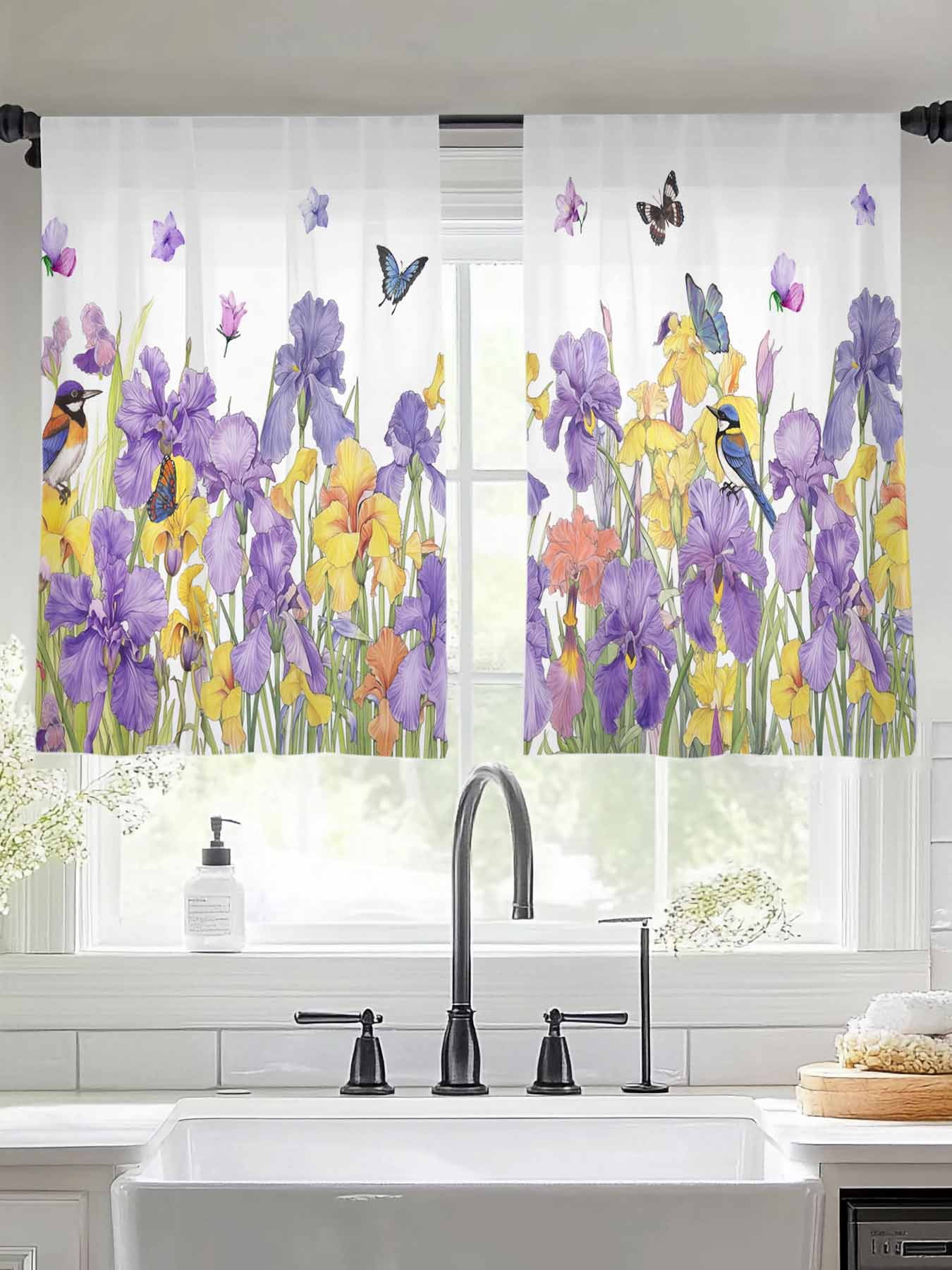 Country Purple Flower Butterfly Bird Chiffon Sheer Curtains 45 Inches ...