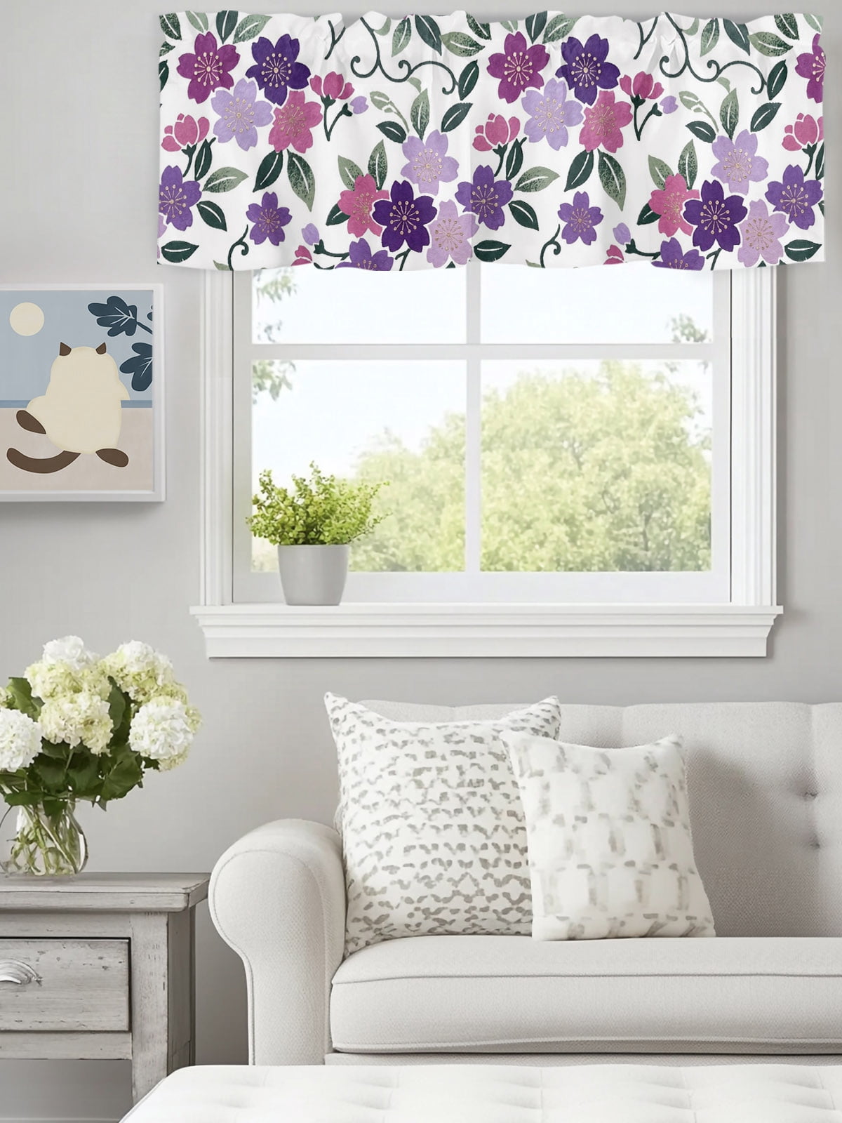 Country Purple Pink Flower Green Leaf Valances for Windows,Kitchen ...