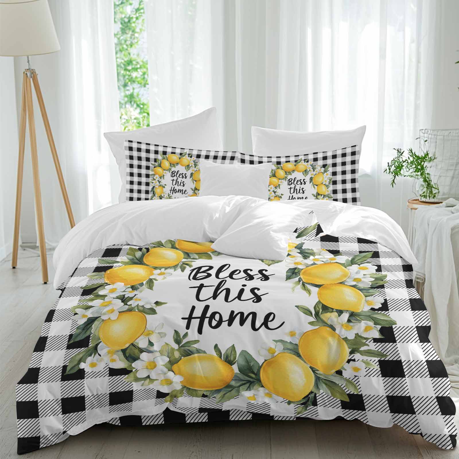Country Queen Duvet Cover Set, Bless This Home Yellow Lemon Black White ...