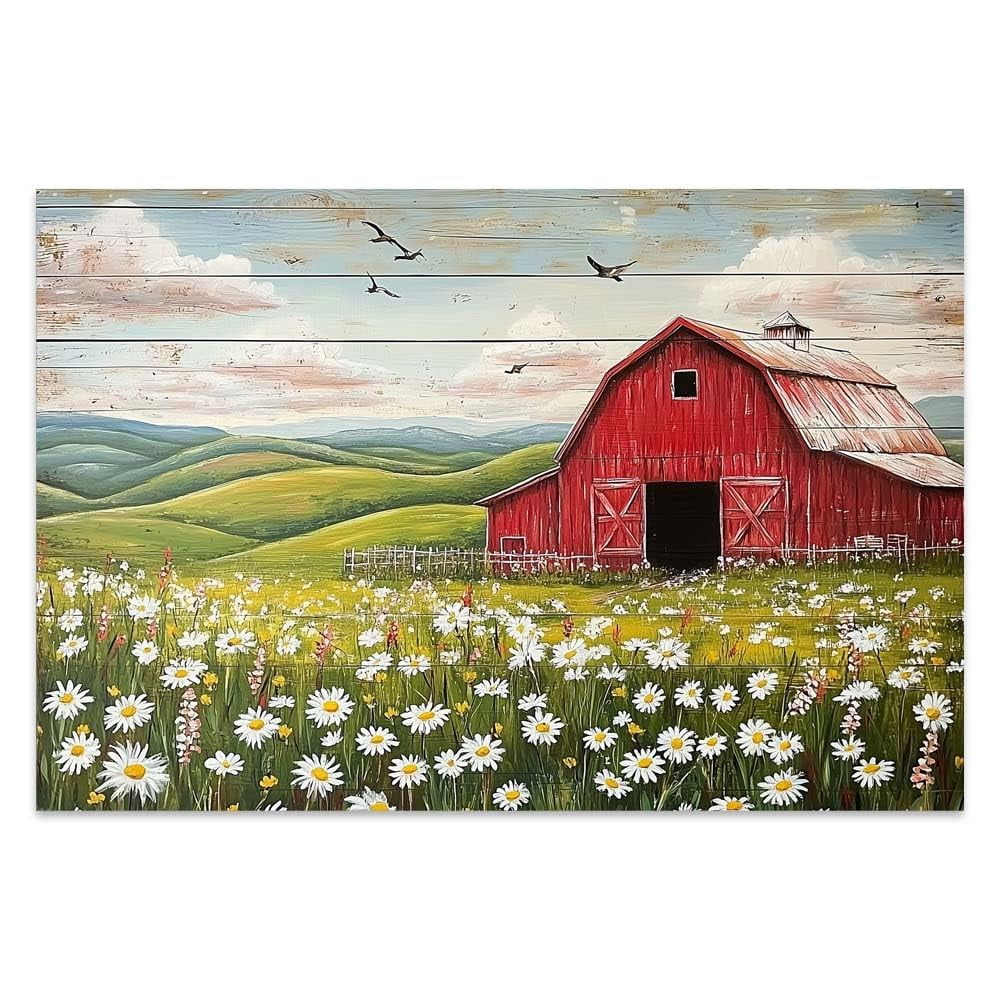 Country Red Barn Pictures, Daisy Canvas Wall Art Wildflower Meadow ...