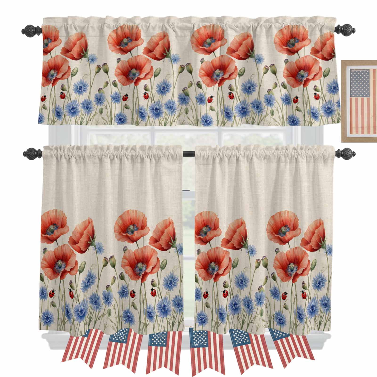 Country Red Blue Concubine Kitchen Curtains Valances 3 Piece Set ...