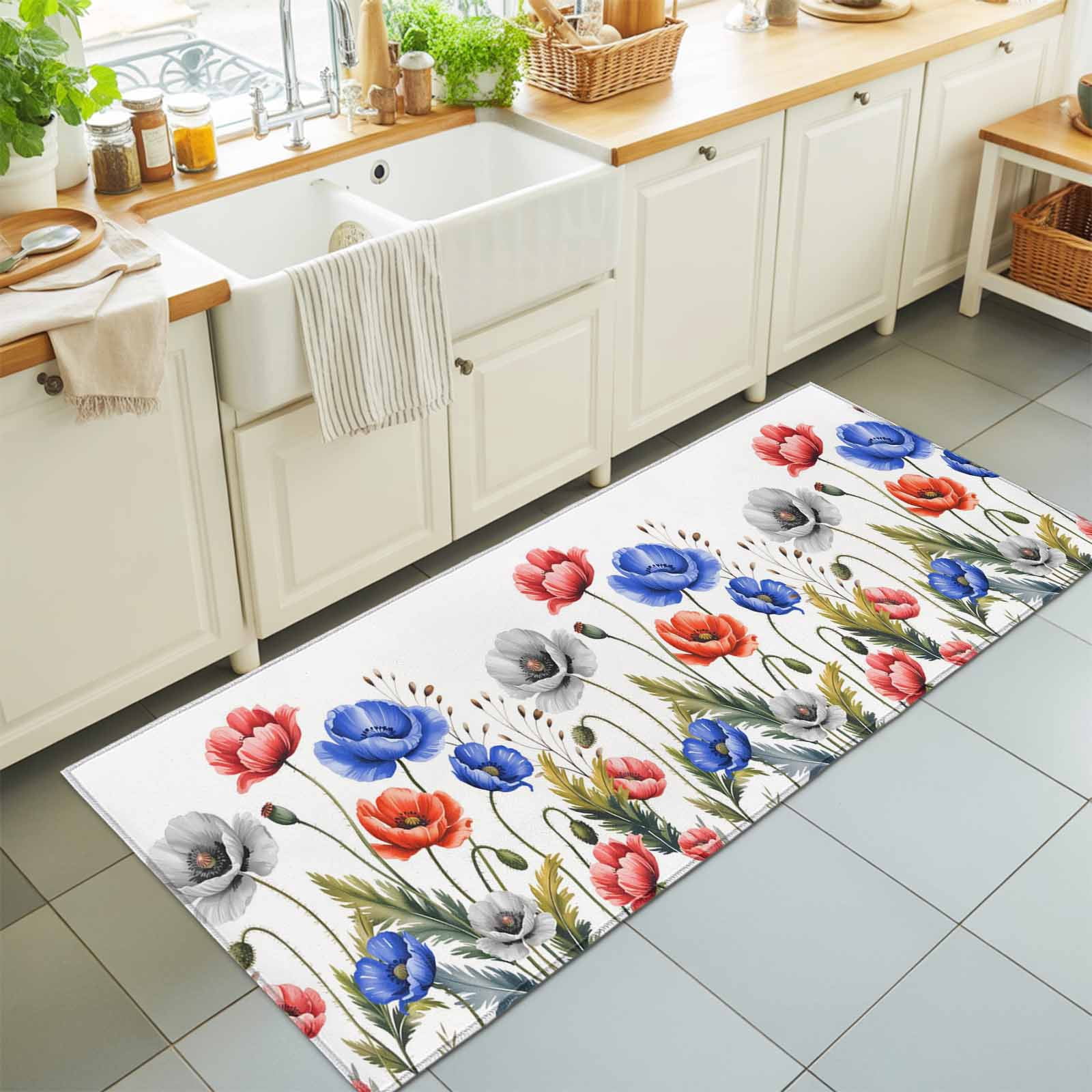 Country Red Blue Gray Flowers Rectangle Rug 2'x6' Watercolor Farm ...