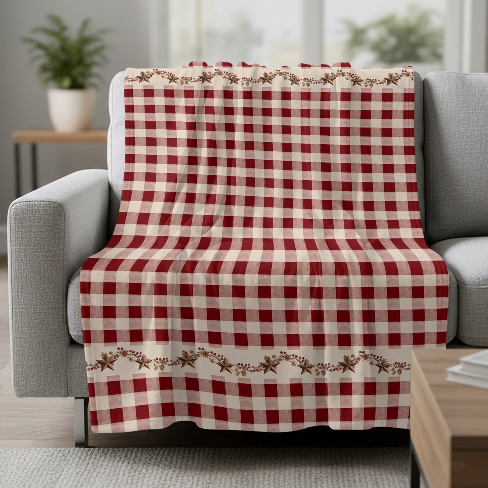 Country Red Buffalo Plaid Fleece Throw Blanket Retro Star Berries Vine ...