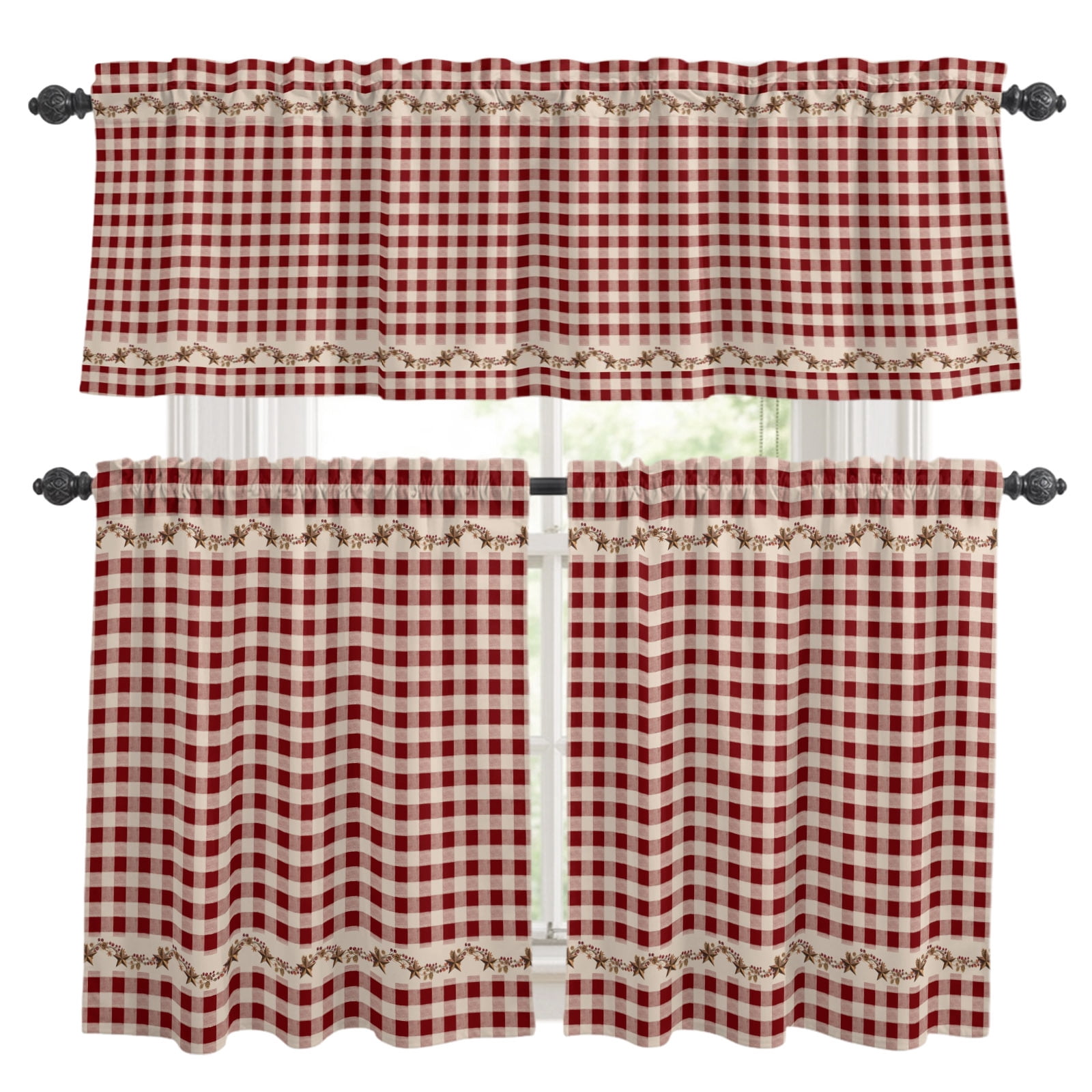 Country Red Buffalo Plaid Kitchen Curtains Set for Windows, Retro Star ...