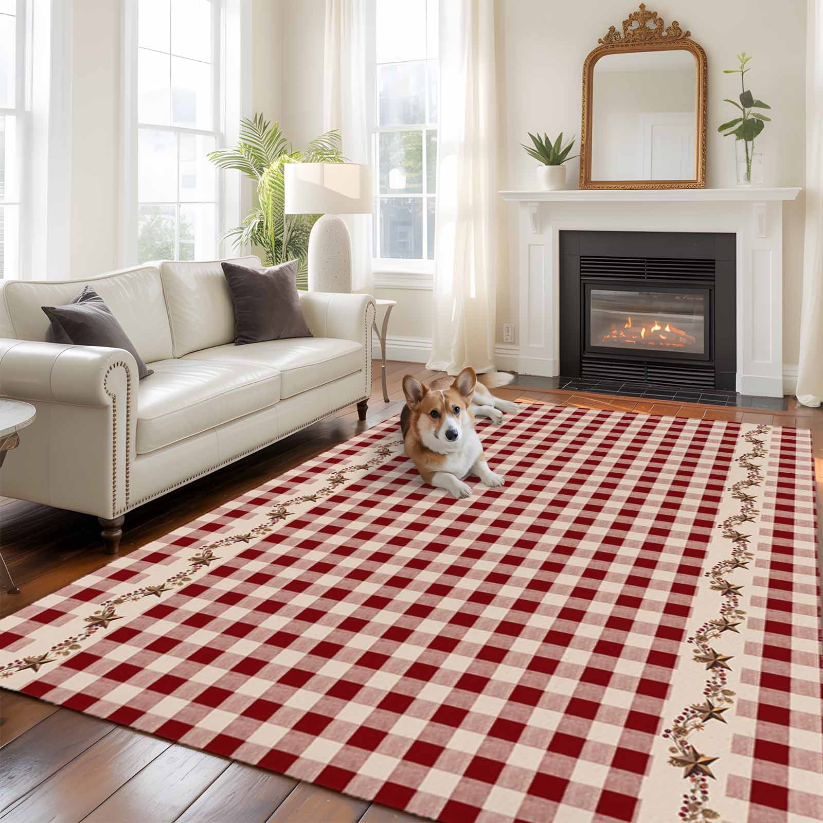 Country Red Buffalo Plaid Large Area Rugs 6x9 ft Retro Star Berries ...