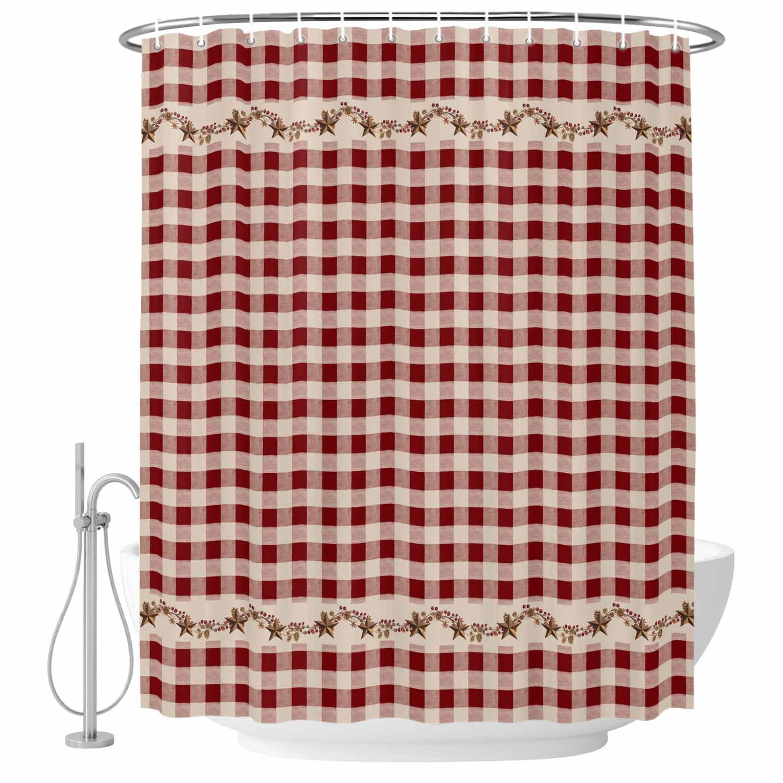 Country Red Buffalo Plaid Shower Curtain, 72" x 72", Retro Star Berries ...
