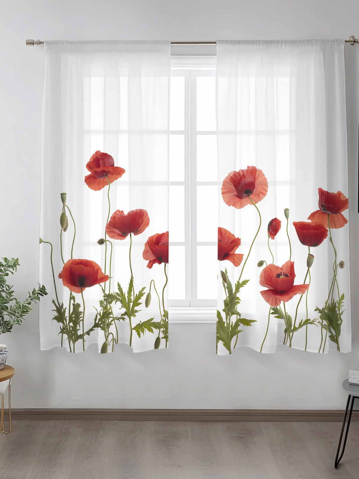 Country Red Poppy Flower Chiffon Sheer Curtains 72 Inches Long, Leaves ...