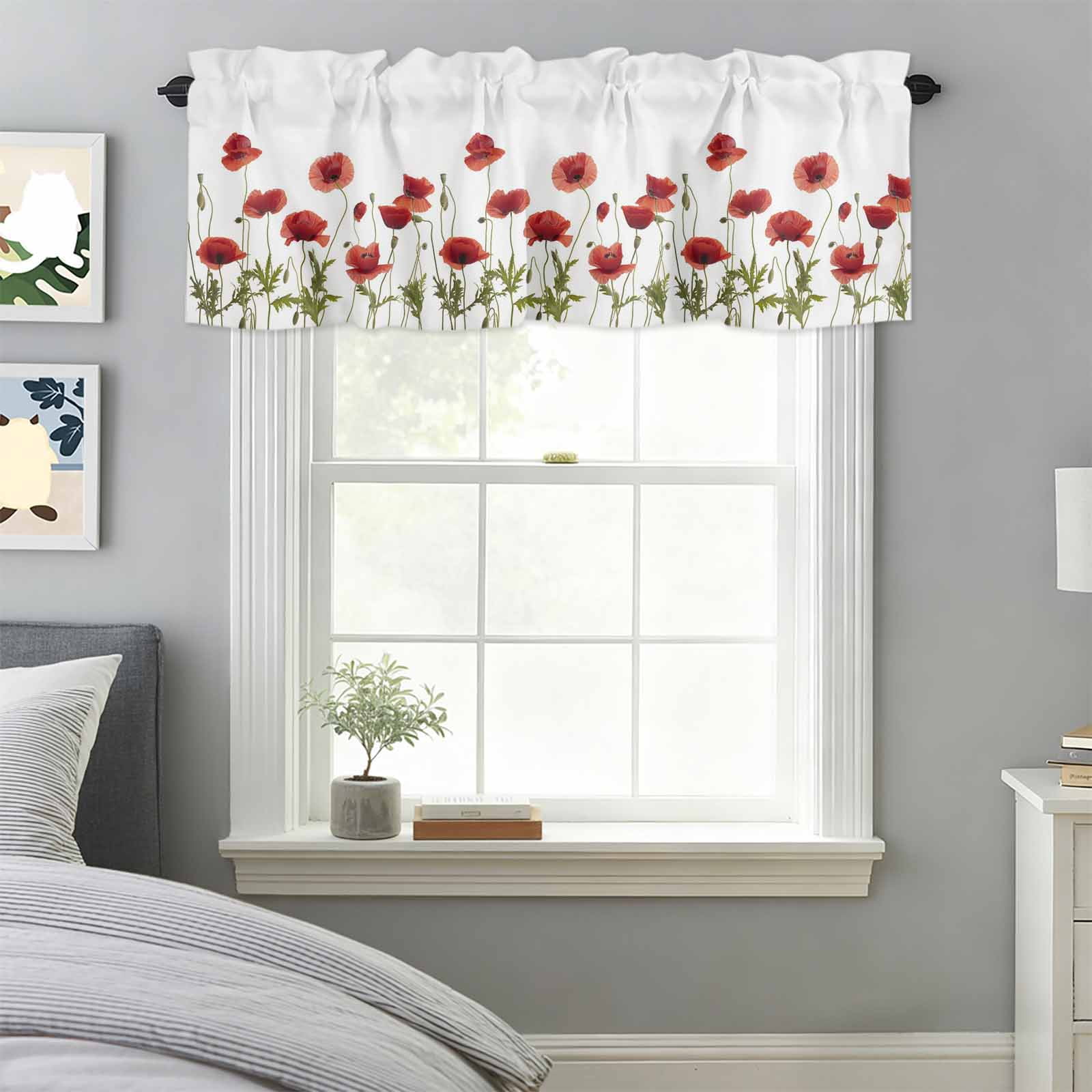 Country Red Poppy Flower Valances for Windows,Rod Pocket Valance for ...