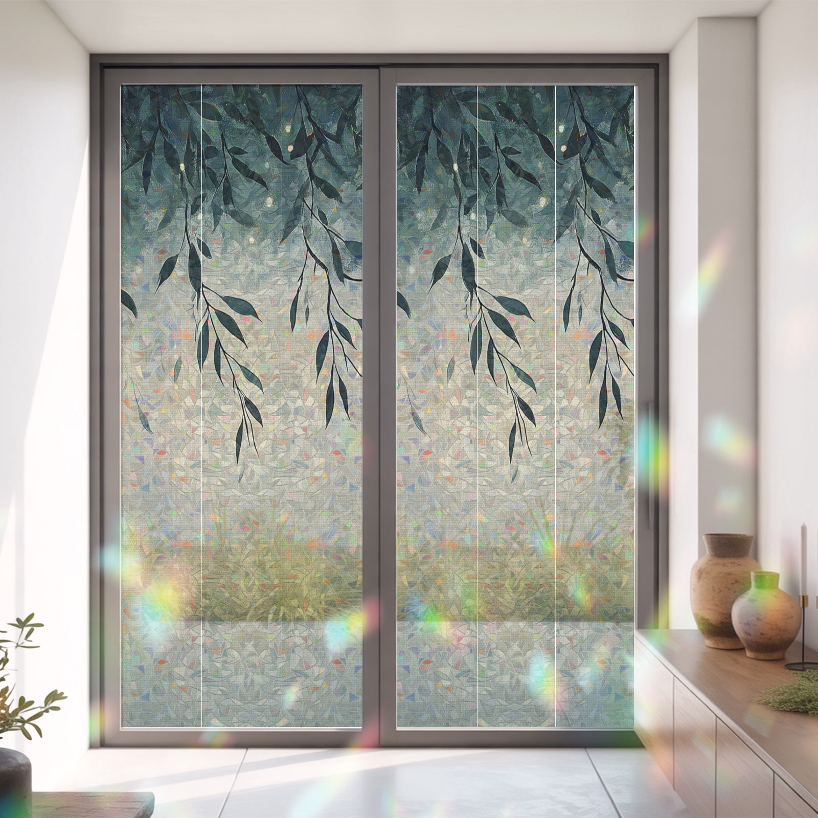 Country Retro Leaves Window Privacy Film, Rainbow Film Decorative ...