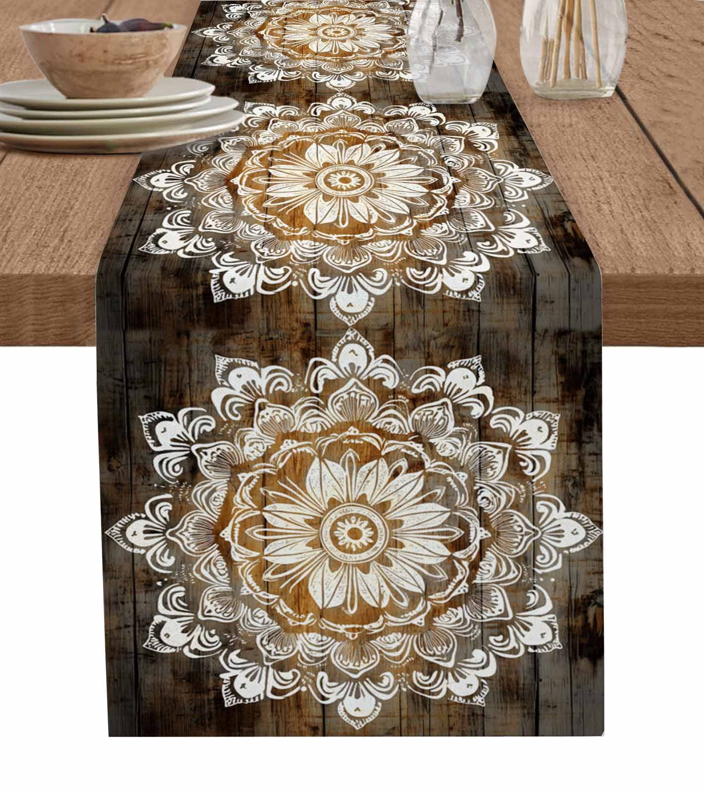 Country Retro Table Runner 72 Inches, Wooden Grain Ethnic Floral Motifs ...