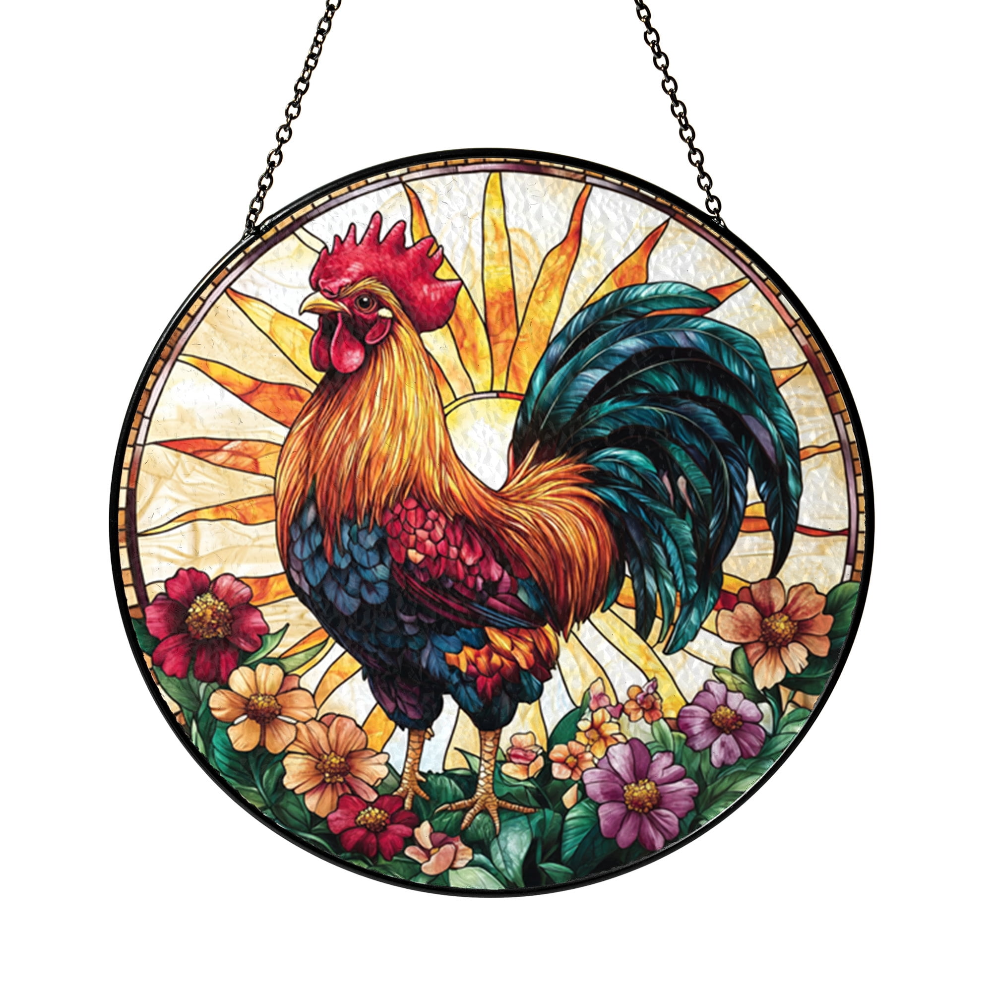 Country Rooster Silhouette Stained Glass Style Suncatcher, Decorative ...