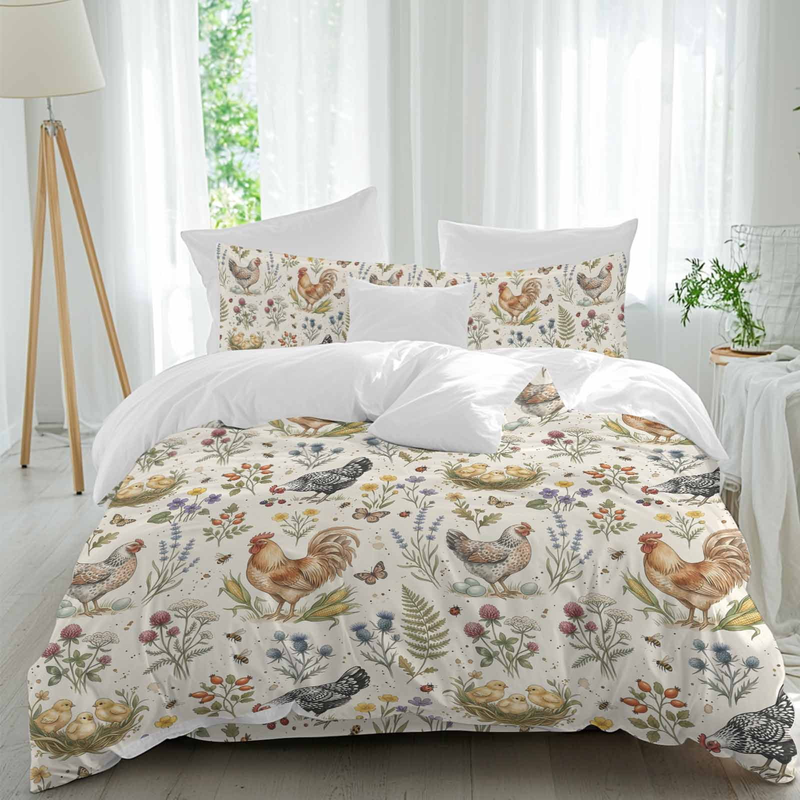 Country Roosters Queen Duvet Cover Set, Rustic Hen Nests Flower ...