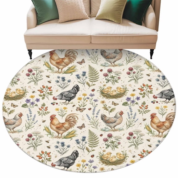 Country Roosters Round Living Room Rugs 6 ft, Rustic Hen Nests Flower ...