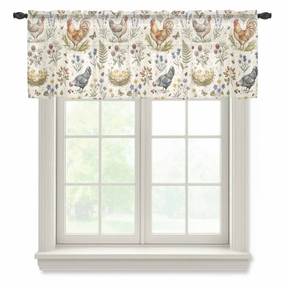 Country Roosters Semi Sheer Valance Curtains Rustic Hen Nests Flower ...