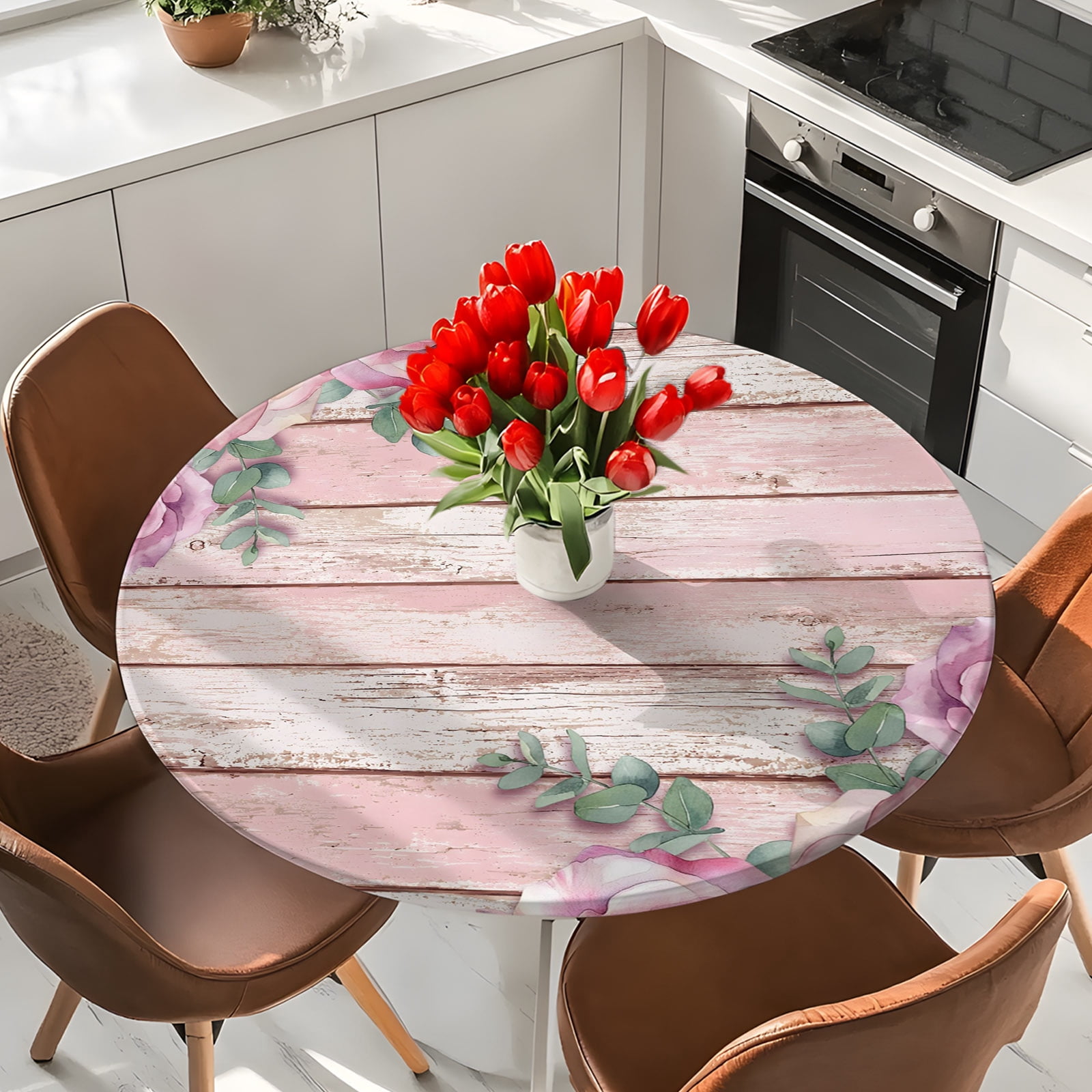 Country Rose Flower Eucalyptus Leaf Round Fitted Tablecloth with ...