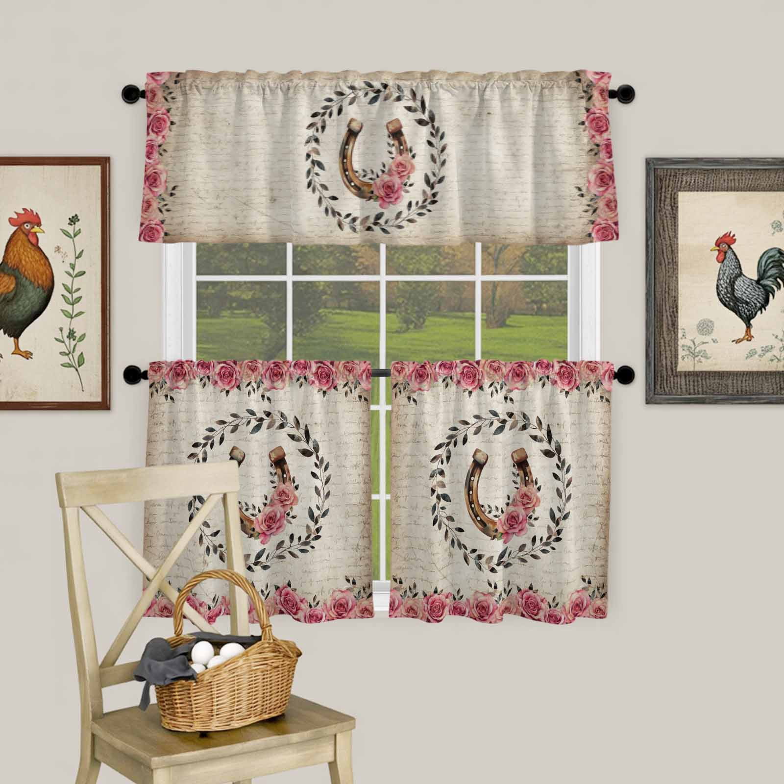 Country Rose Leaf Horseshoes Curtain Tier and Valance Set 3 Piece ...