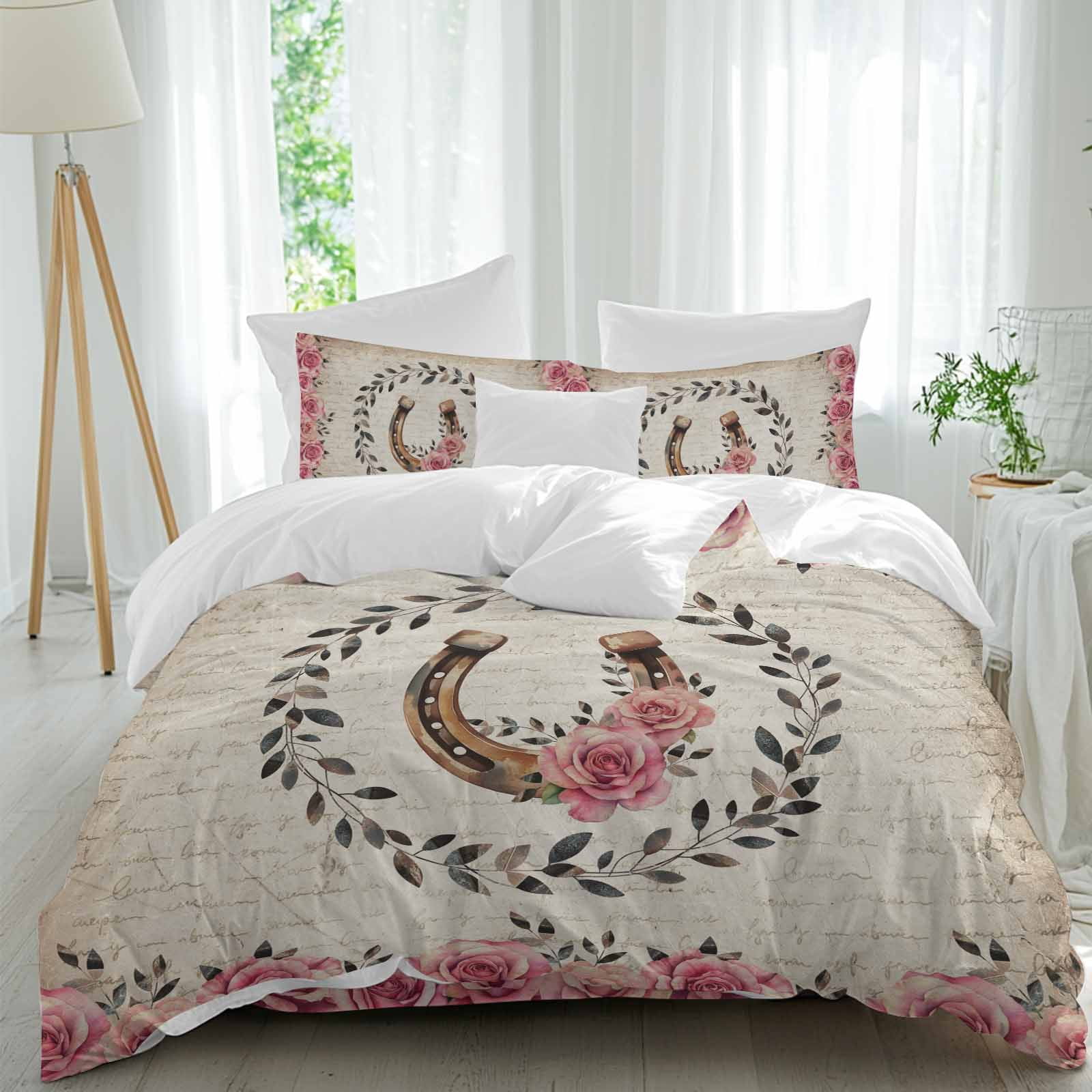 Country Rose Leaf Horseshoes Full Size Bed Set,Spring Flower Retro ...