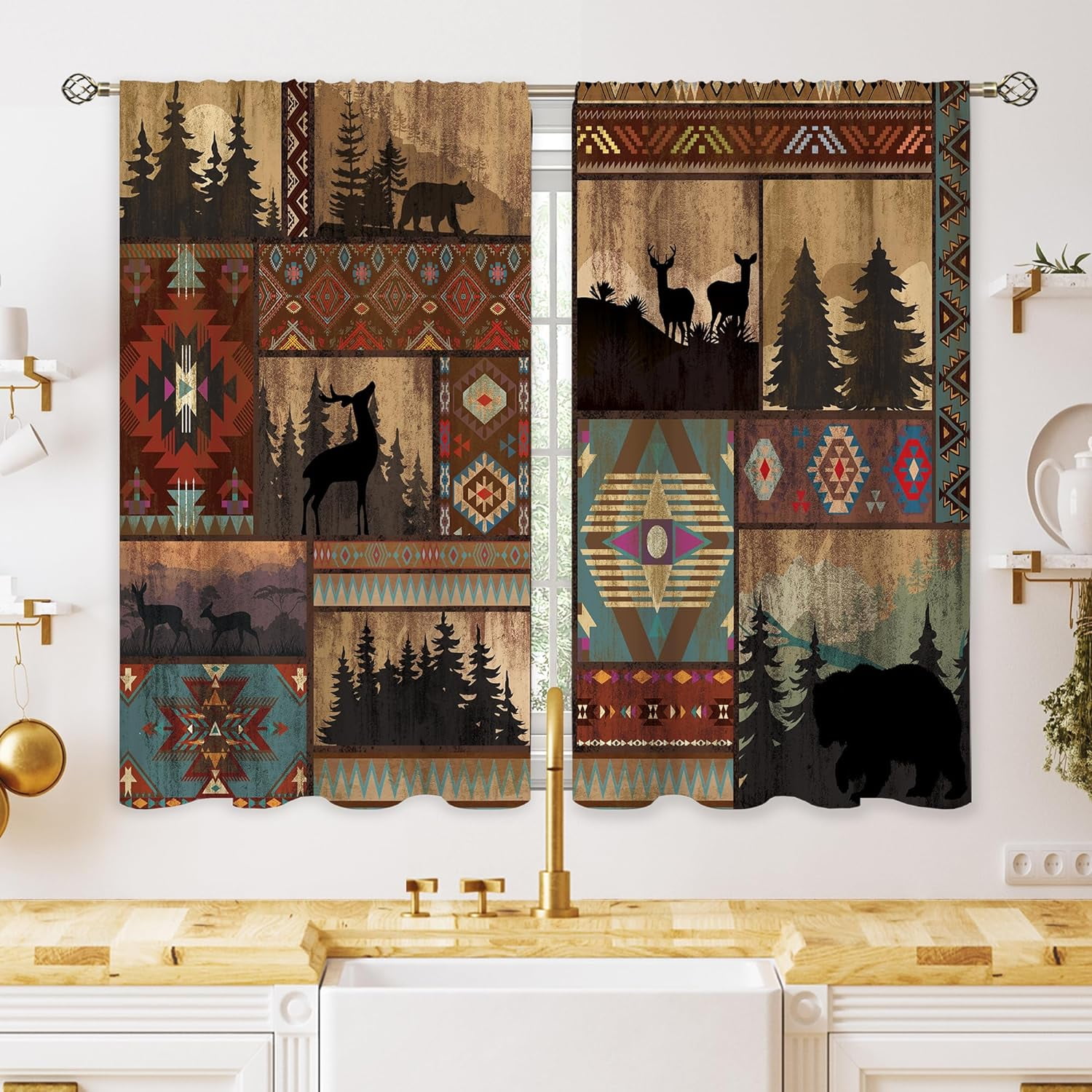 Country Rustic Cabin Forest Small Kitchen Curtains Woodland Farmhouse ...