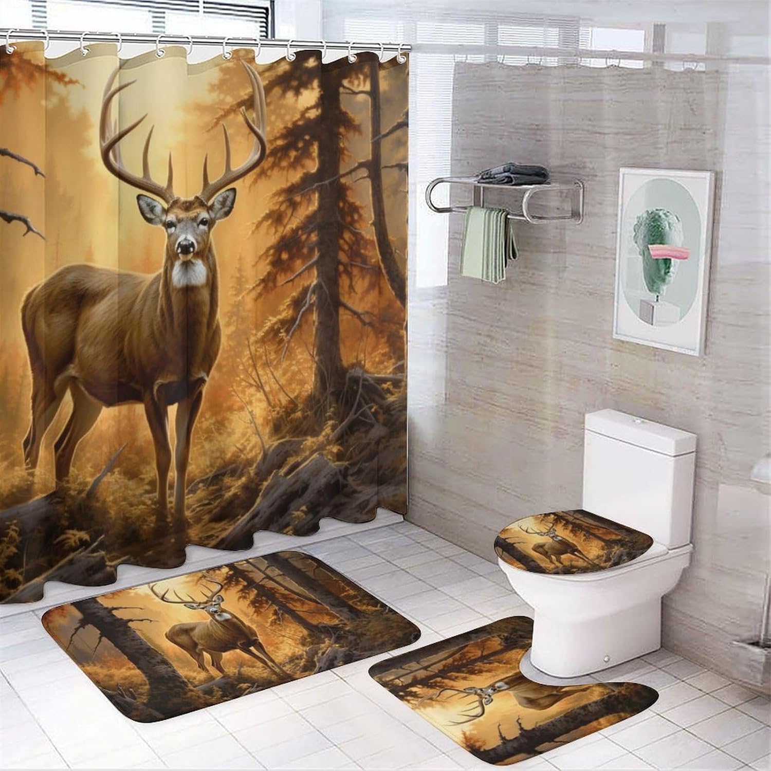 Country Rustic Deer Shower Curtain Sets with Rugs Toilet Lid Cover and ...