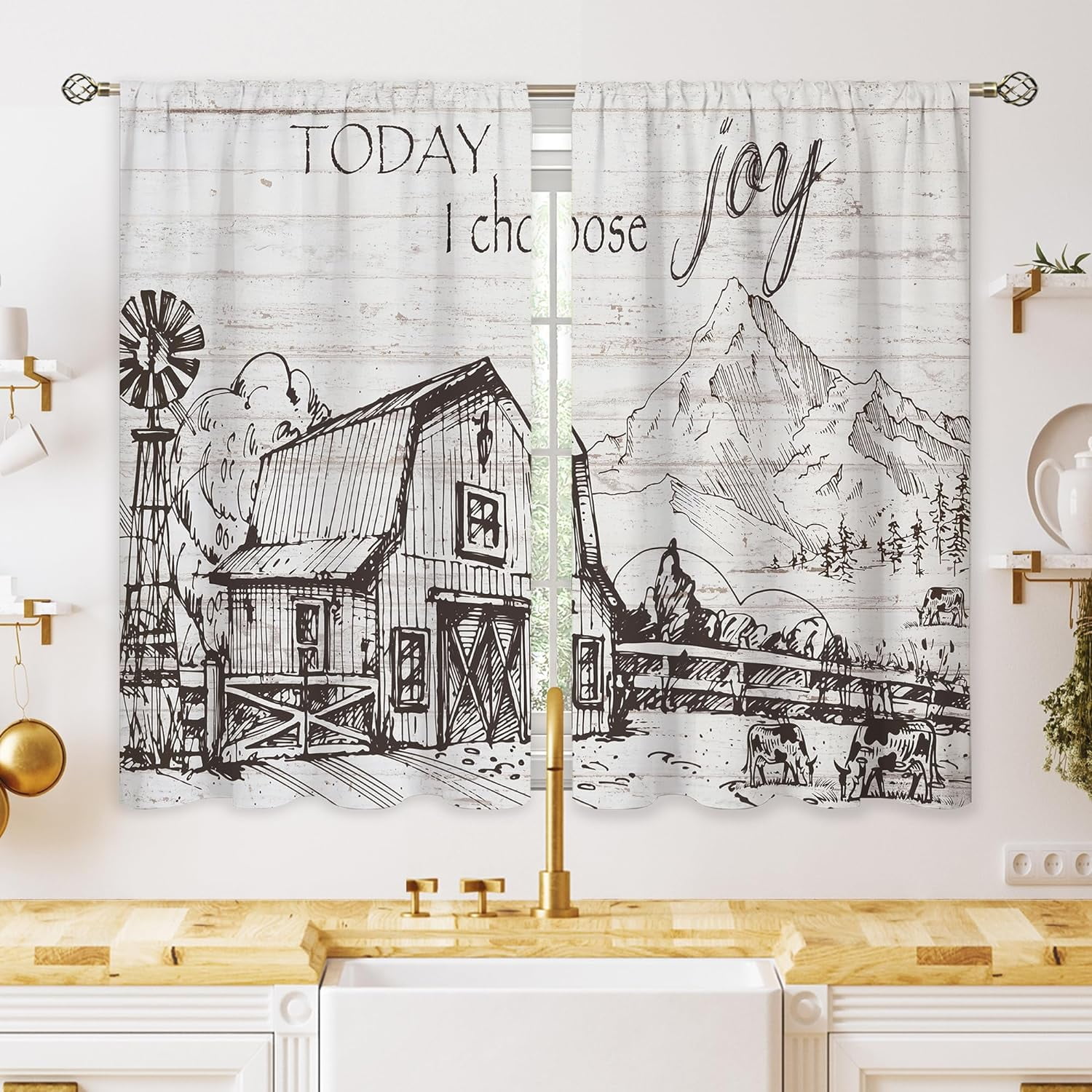 Country Rustic Farmhouse Cabin Small Kitchen Curtains Rooster Grey ...