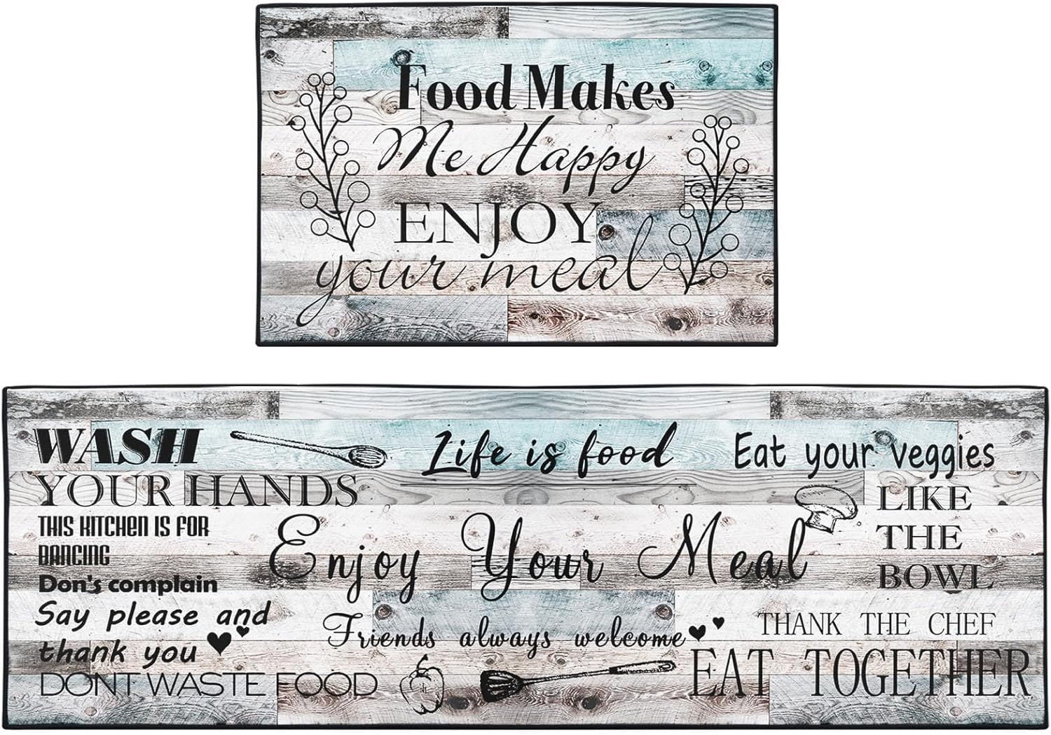 Country Rustic Farmhouse Kitchen Mat Blue Wood Rugs Set of 2 Washable ...