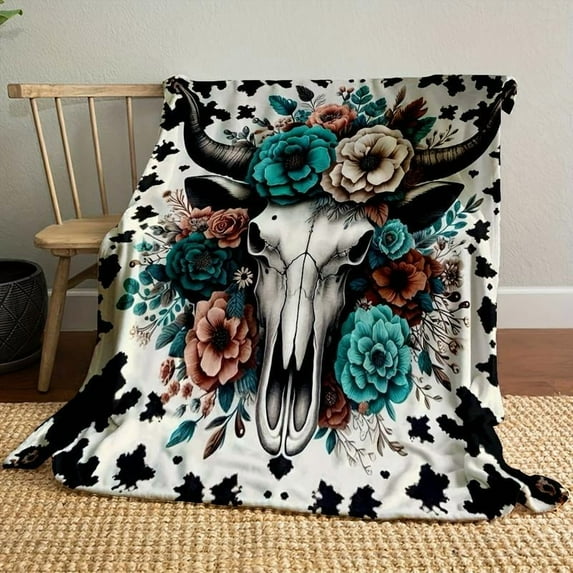 Country-Rustic Flannel Throw Blanket with Cartoon Bull Skull and Floral ...