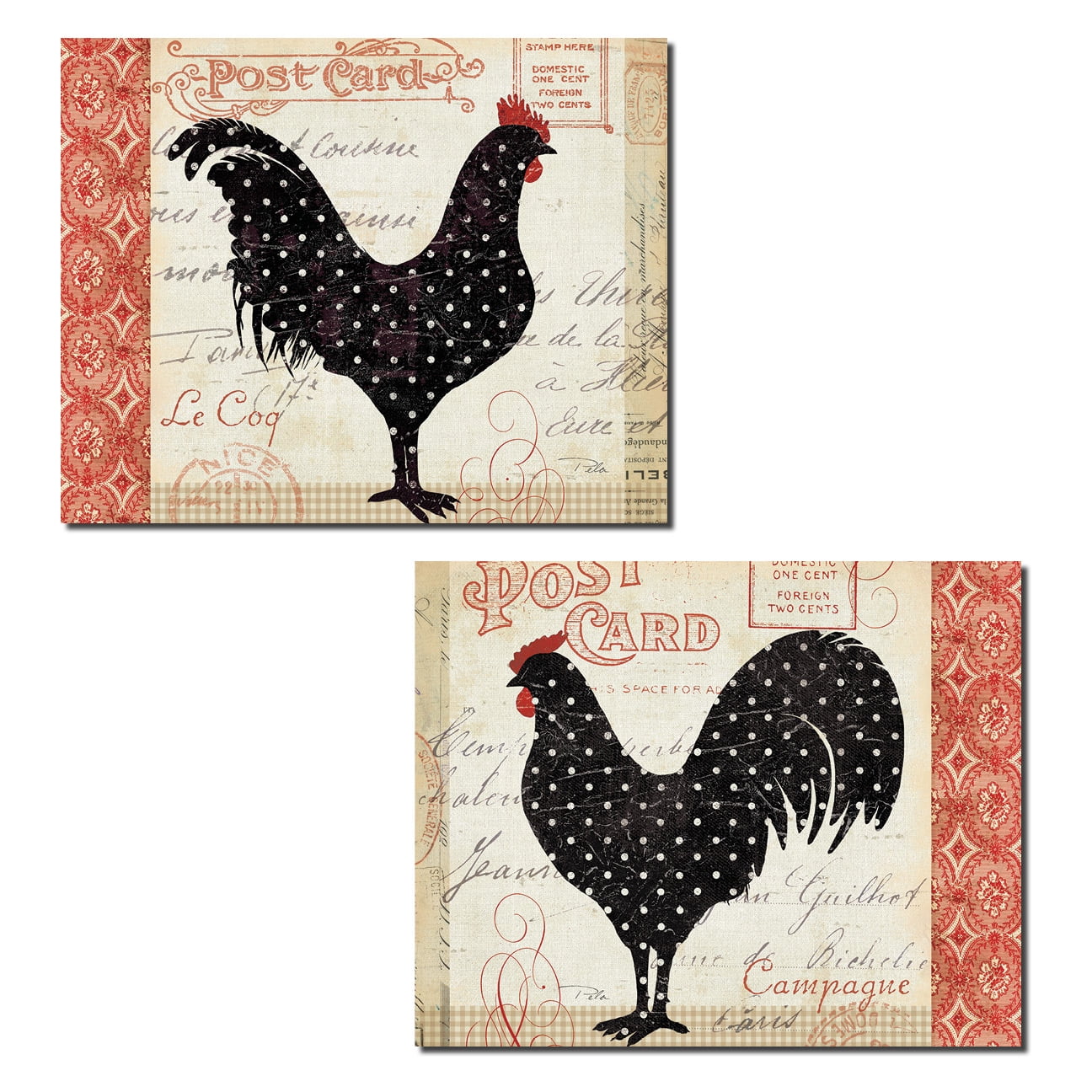 Country Rustic Red, Tan and Black Rooster Adult Kitchen Decor; 2- 14" x ...