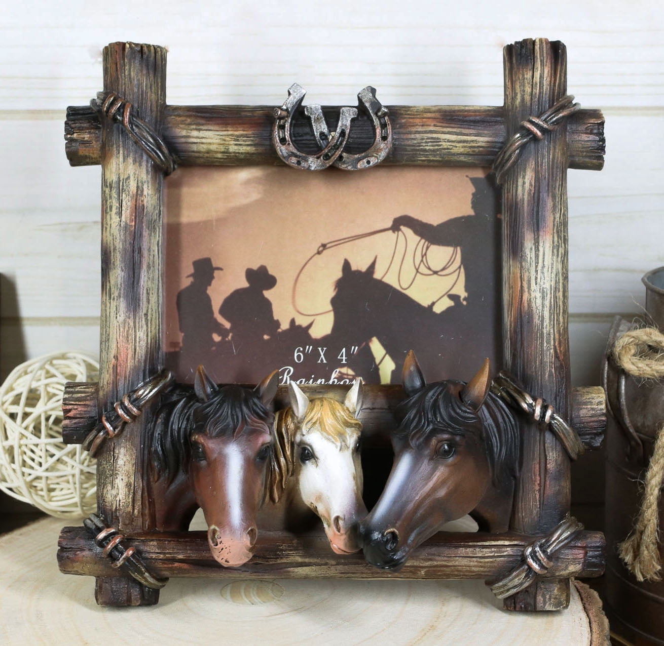 Country Rustic Triple Horses Lucky Horseshoes Faux Barnwood Picture ...