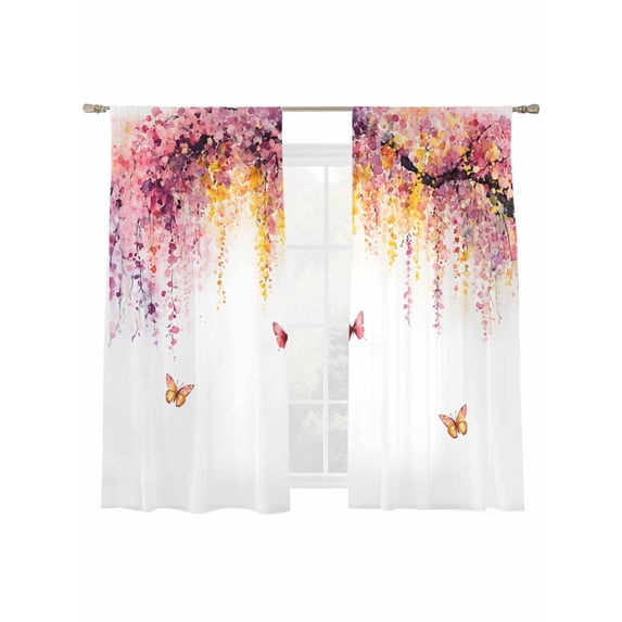 Country Sheer Curtains 2 Panels Set Watercolor Trees Flowers Butterfly ...