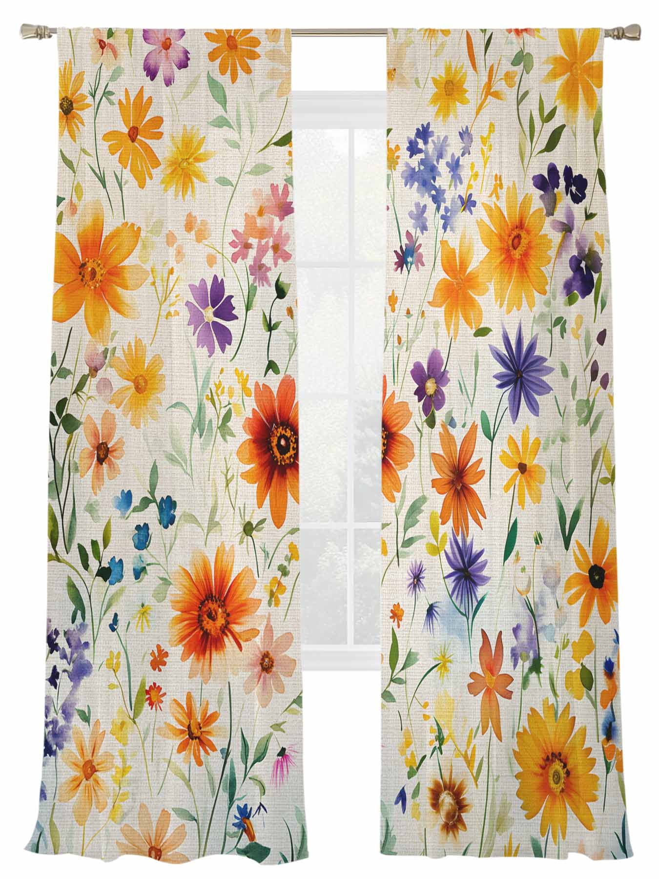 Country Sheer Curtains 2 Panels Set Watercolor Yellow Wild Flowers ...