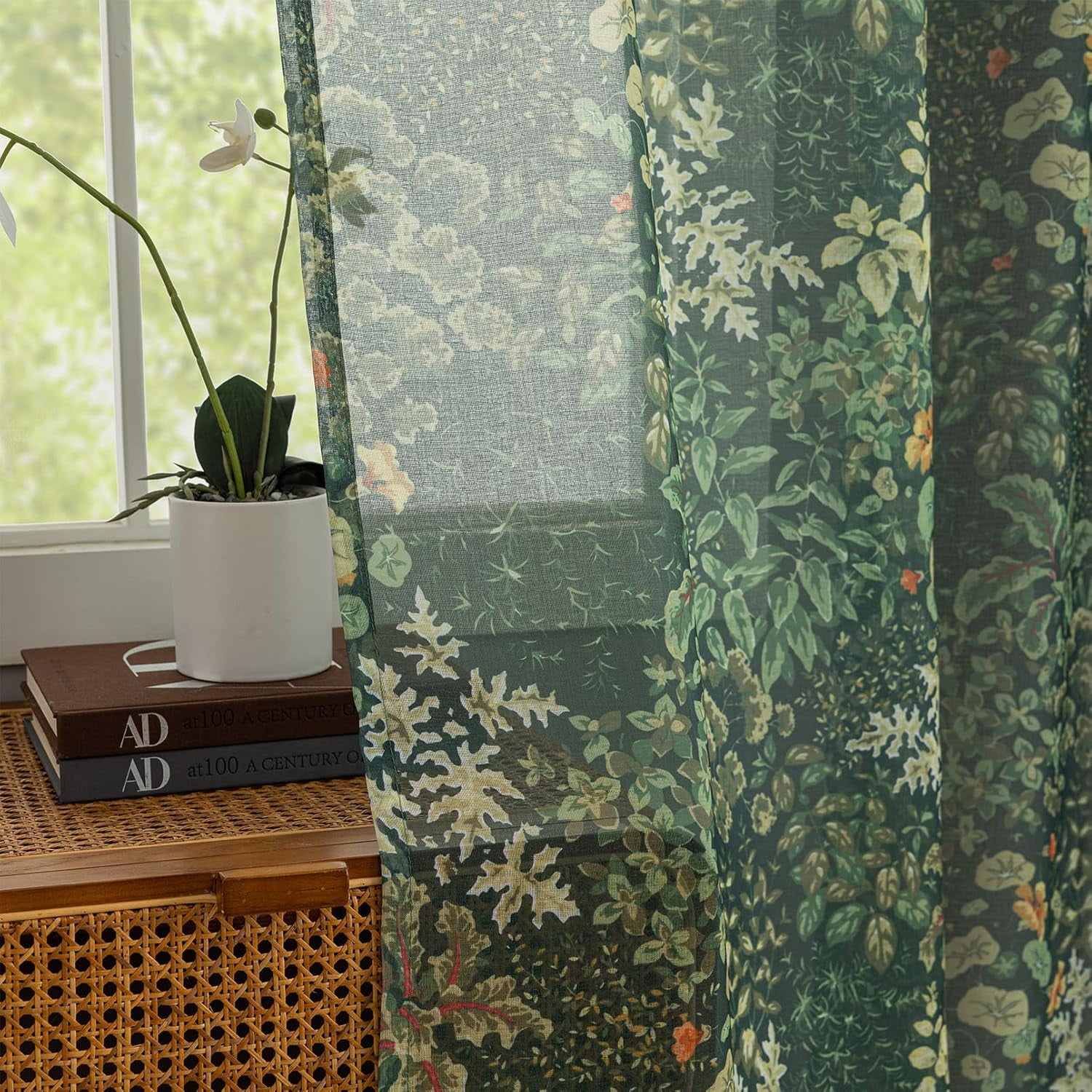 Country Sheer Curtains 63 Inch Length 2 Panels Dark Green Leaf Floral ...