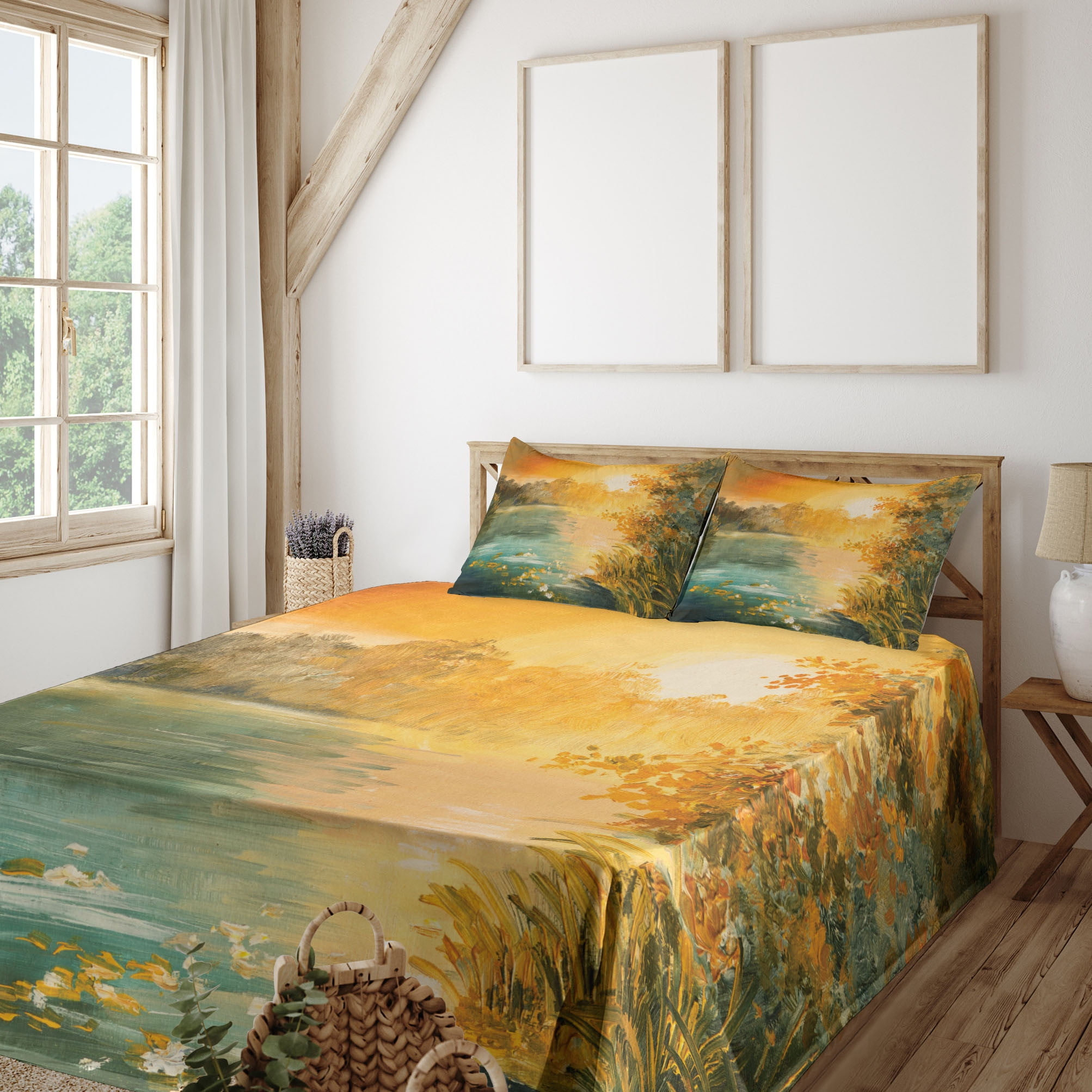 Country Sheet Set, Pastel Color Sunset on the Lake in Fall Autumn ...