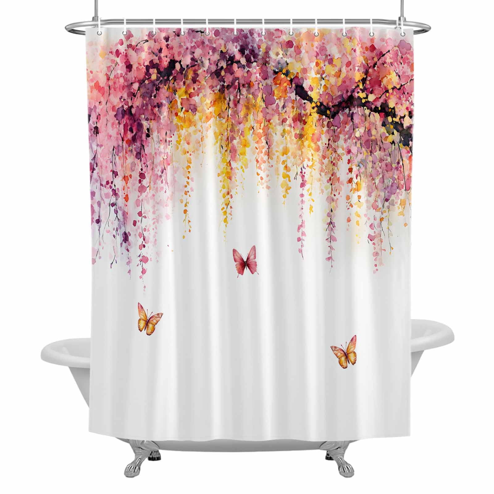 Country Shower Curtain for Bathroom, Watercolor Trees Flowers Butterfly ...