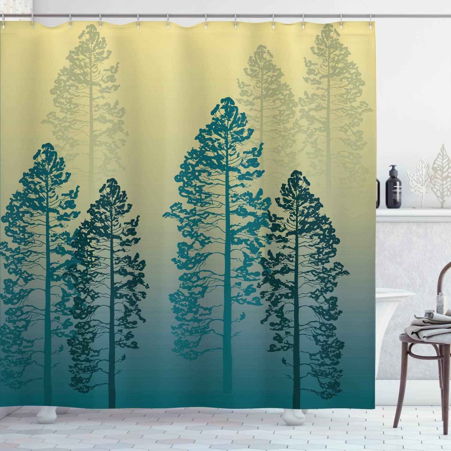 Country Shower Curtain Pine Trees In The Forest on Foggy Wildlife ...