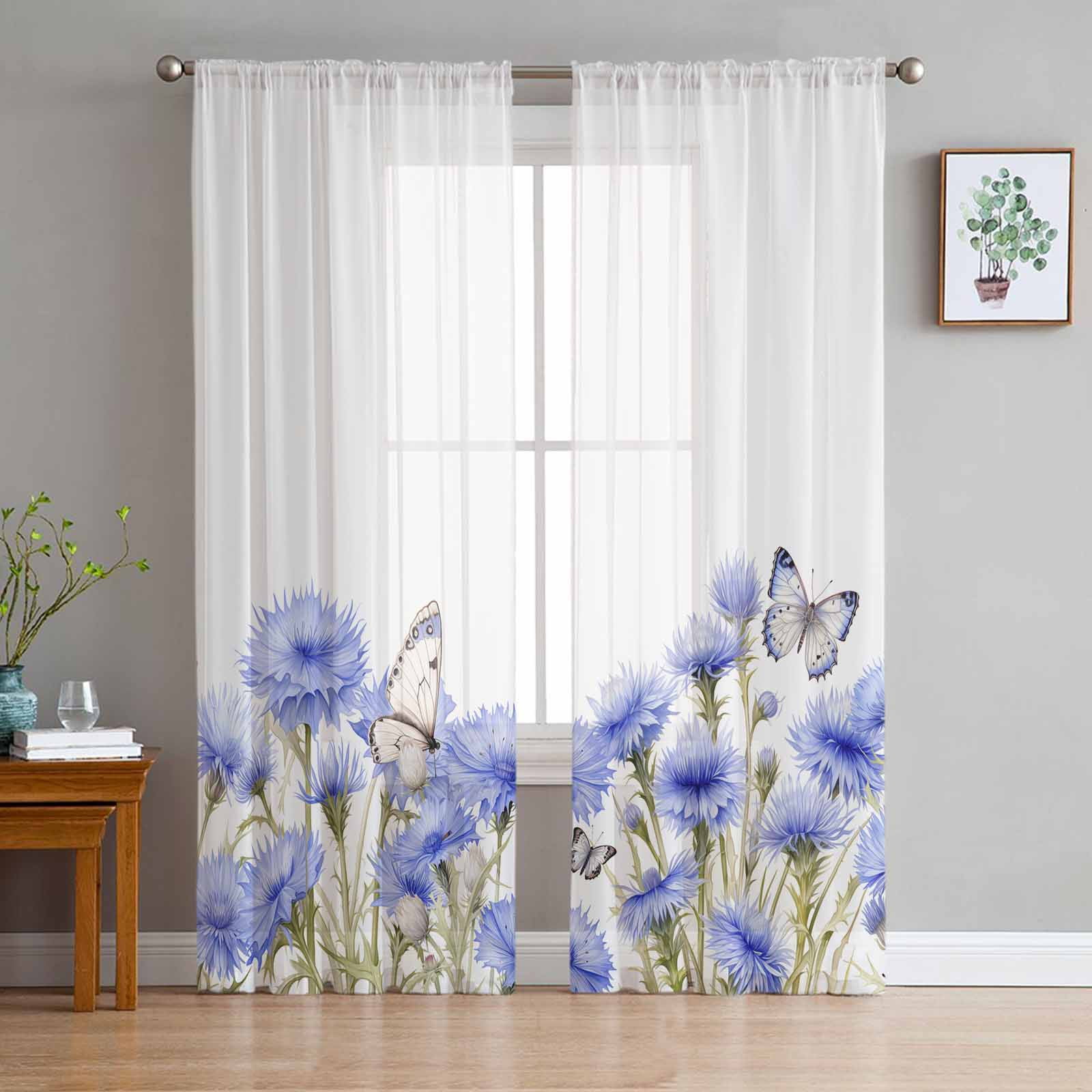 Country Spring Flowers Butterfly Sheer Tulle Curtains for Living Room ...
